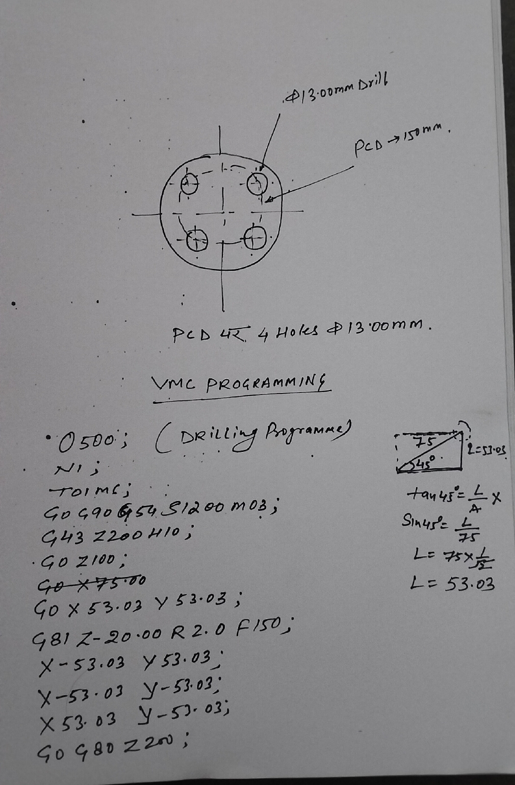 Vmc programming example with drilling cycle at pcd Hole Vmc programming example with drilling cycle at pcd Hole