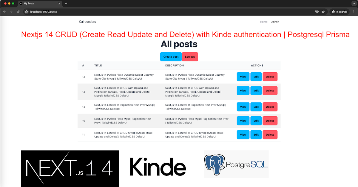 Nextjs 14 Crud Create Read Update And Delete With Kinde Authentication Postgresql Prisma