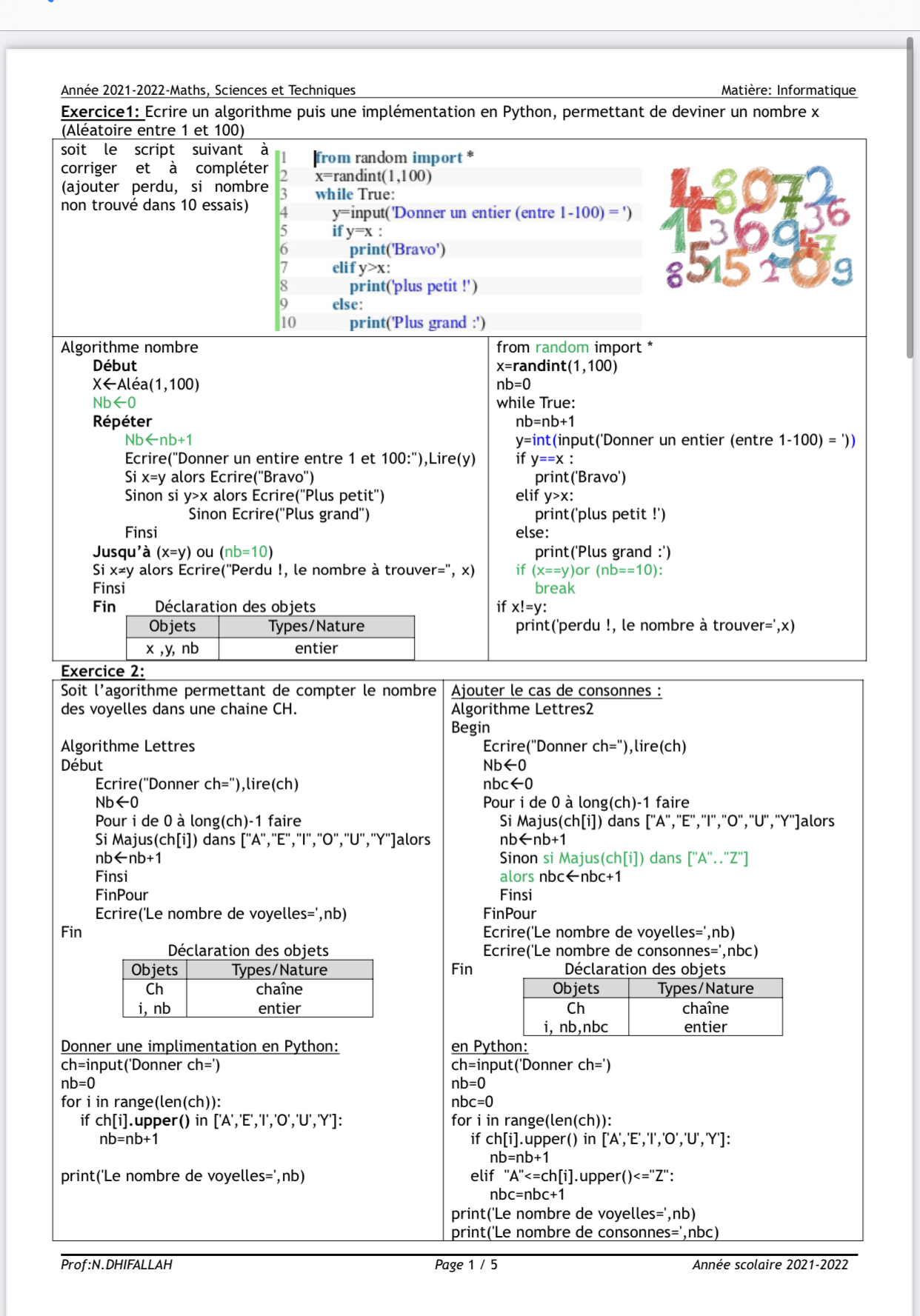 Des exercices algorithme corrigés Des exercices algorithme corrigés