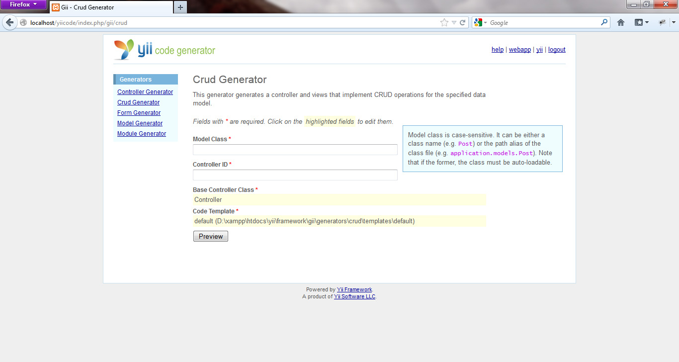 How To Use Crud Generator Gii Tool Yii Code Generator