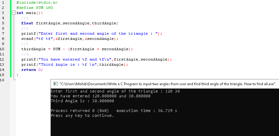 Q 9write A C Program To Input Two Angles From User And Find Third Angle Of The Triangle How To