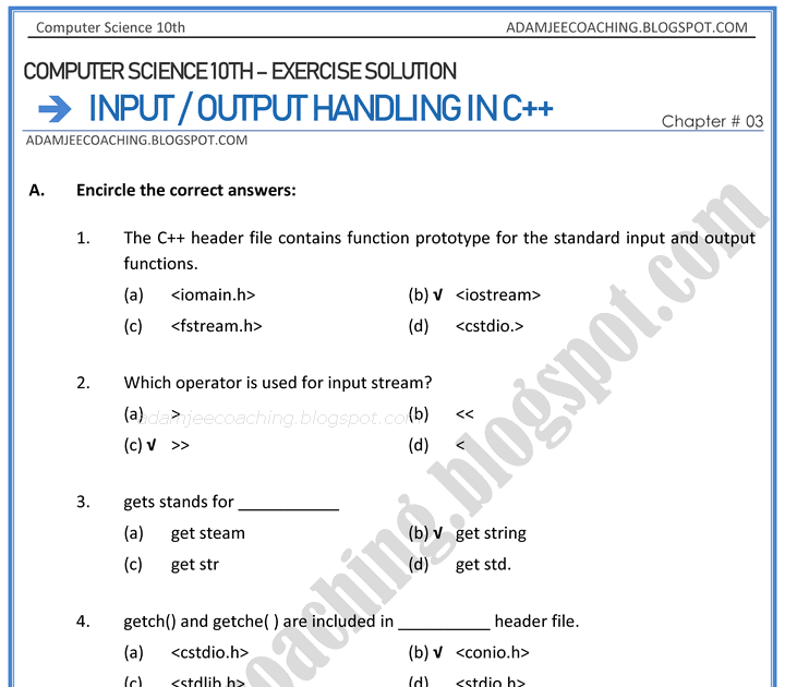 Adamjee Coaching Input Output Handling In C Solution Of Book Exercise Computer Science 10th